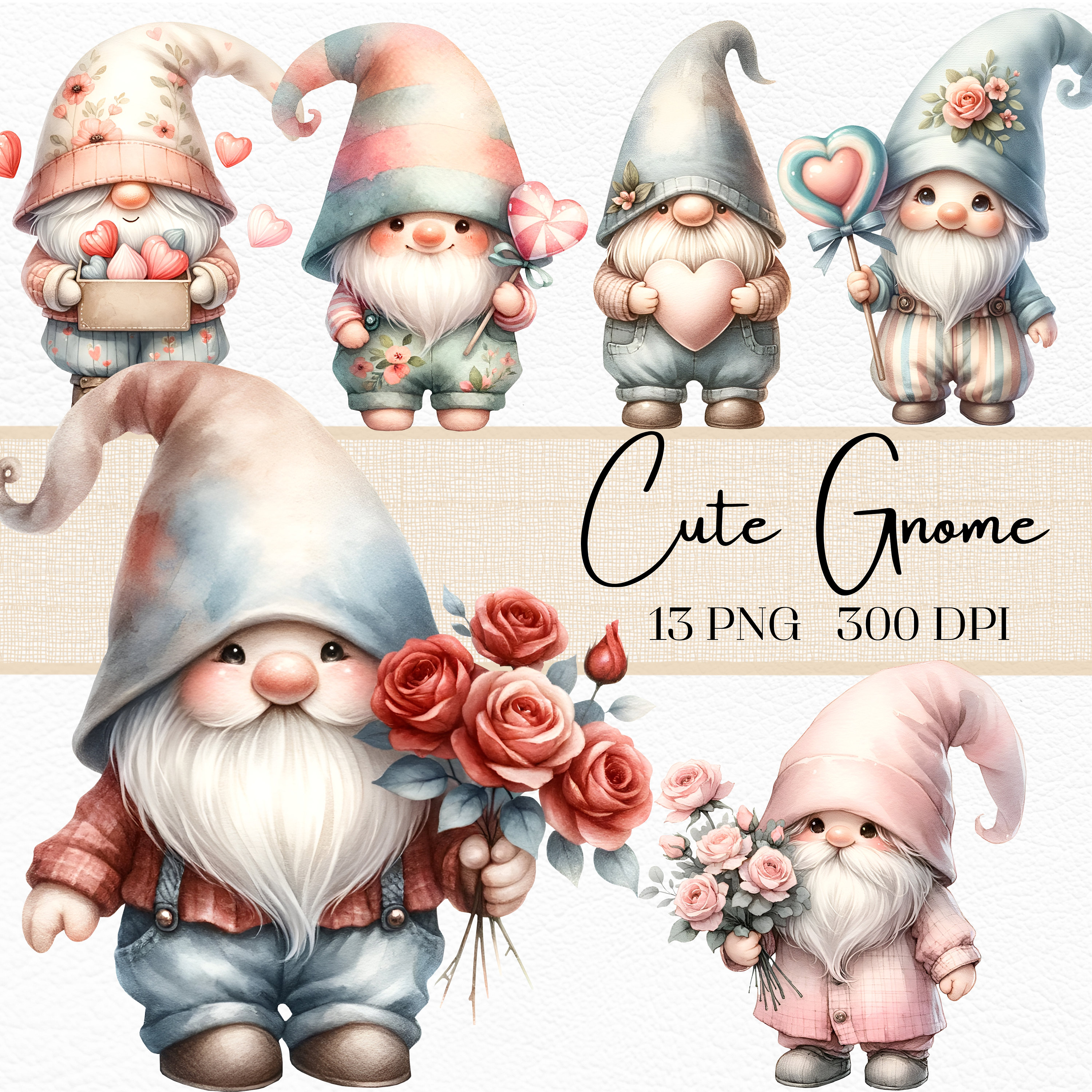 Valentines Gnomes Clipart, Watercolor Valentines Clipart, Bundle, Love ...