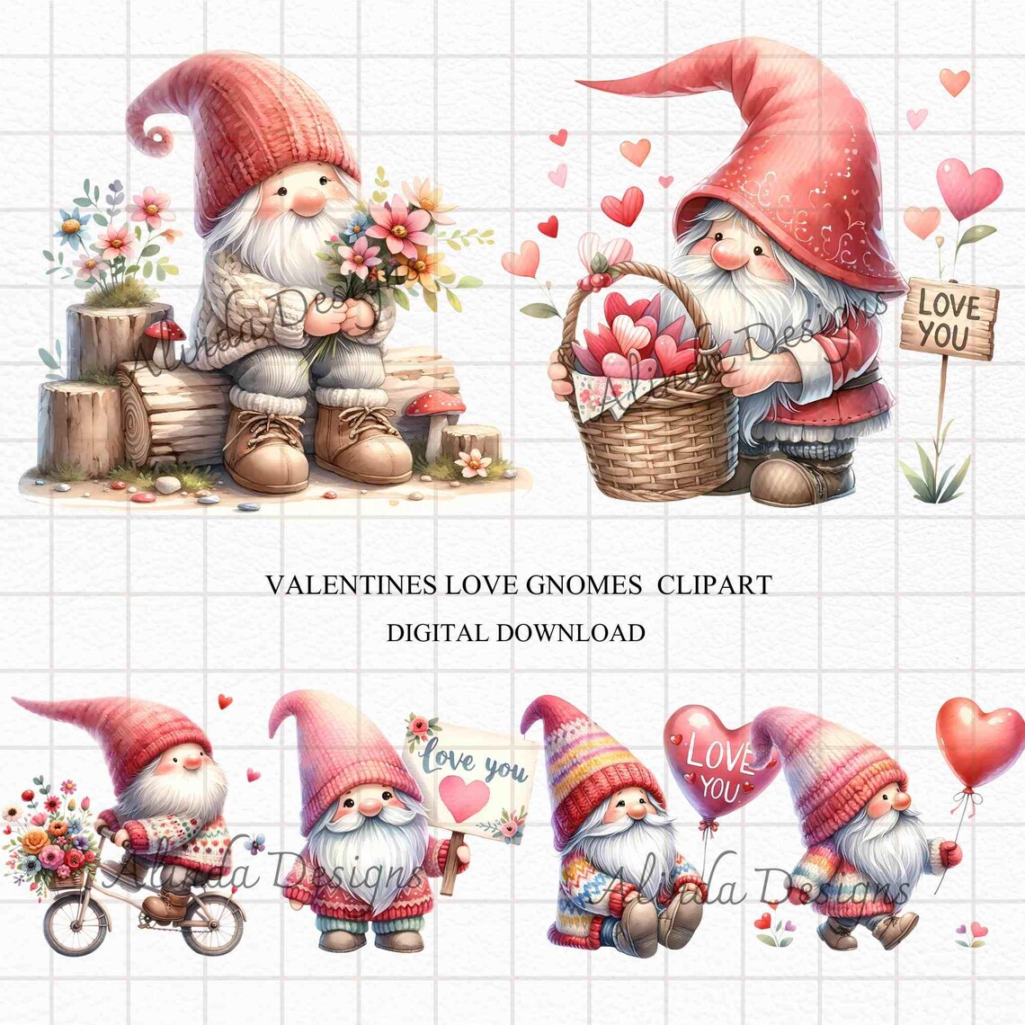 Watercolor Valentine's Gnomes Clipart: Romantic PNG Illustrations (12 ...