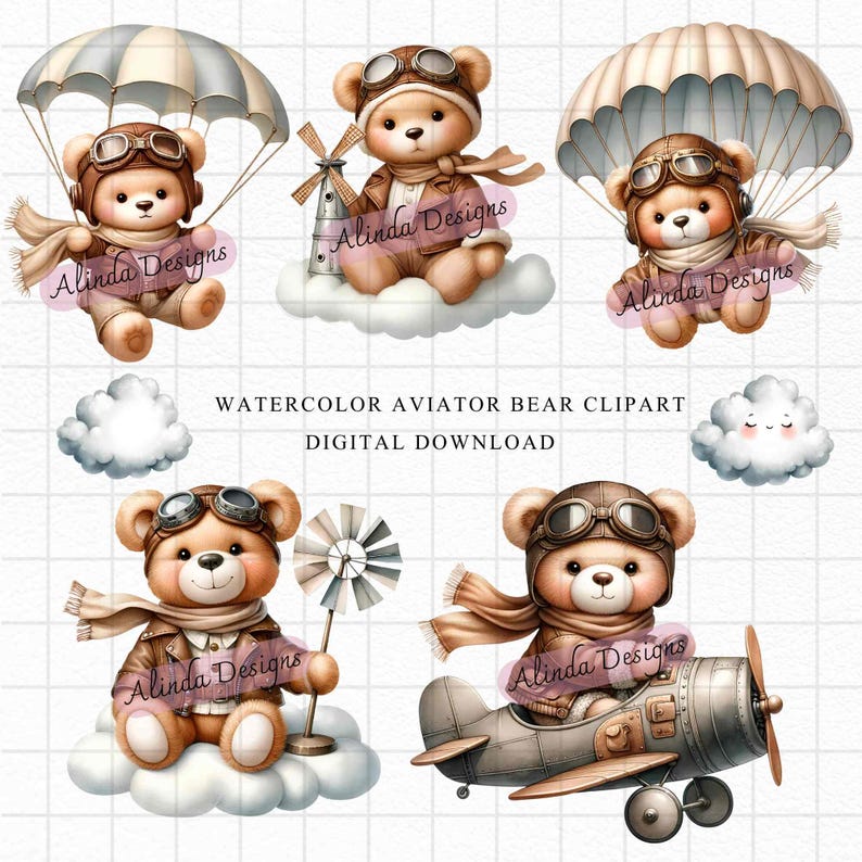 Watercolor Aviator Bear Clipart: Pilot Teddy Bear Graphics (PNG) - Etsy