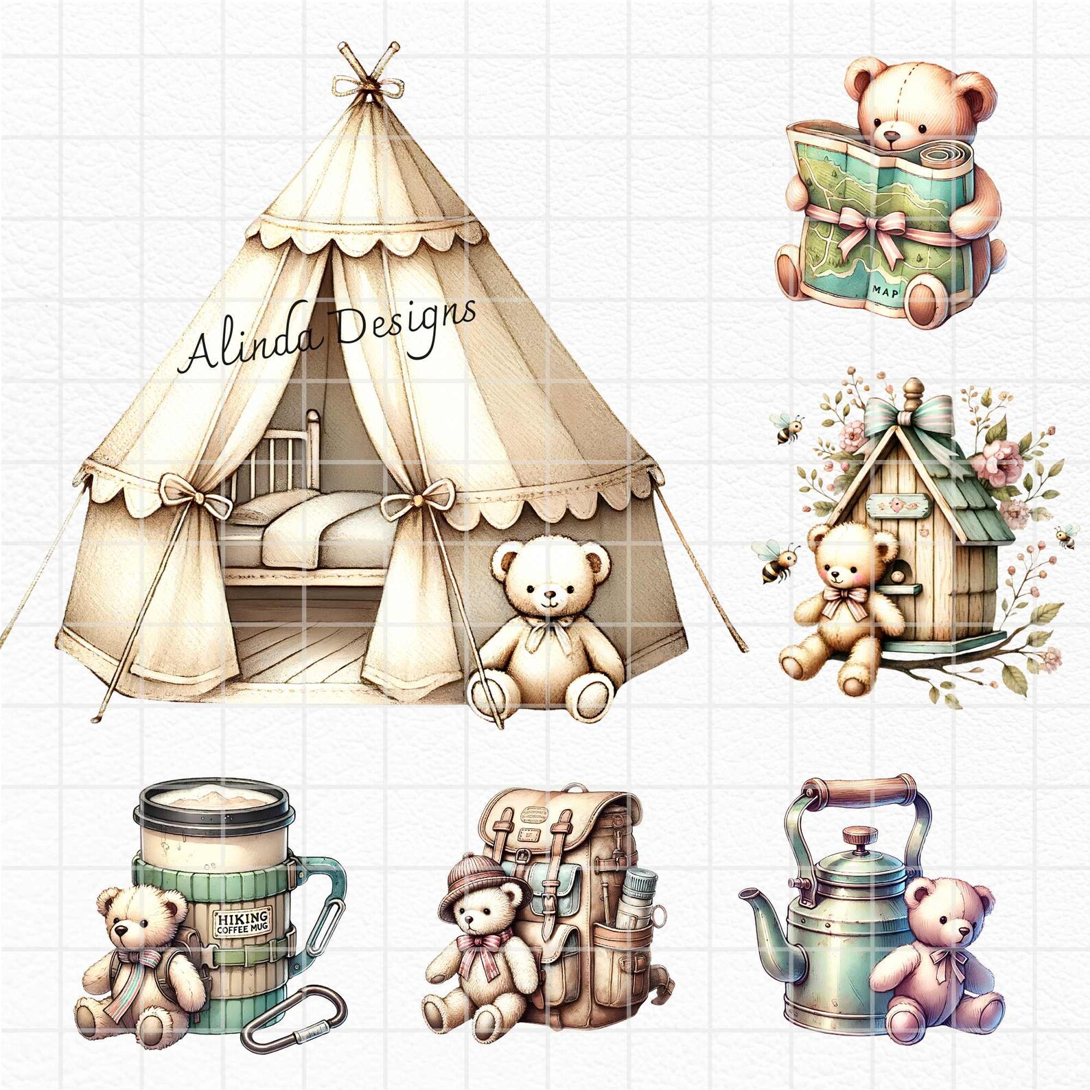 Adorable Camper Teddy Bear Clipart Set, Cute Camping Bear Digital ...