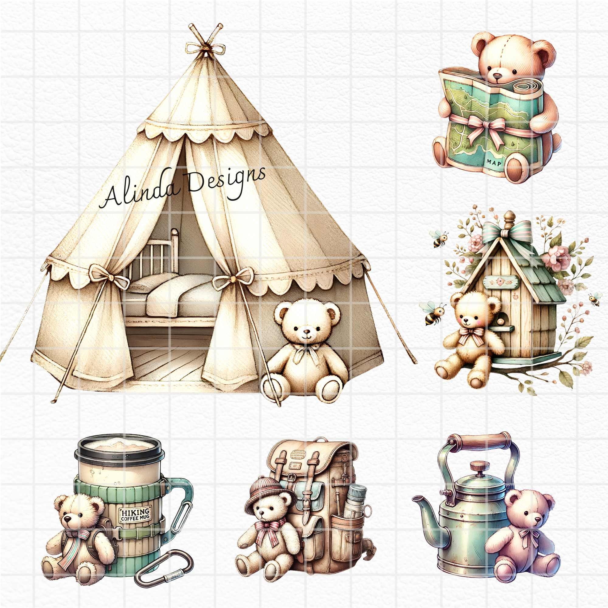 Adorable Camper Teddy Bear Clipart Set, Cute Camping Bear Digital ...