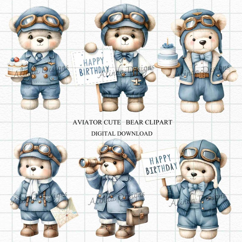 Aviator Bear Clipart, Cute Watercolor Bear Digital Download, Pilot ...