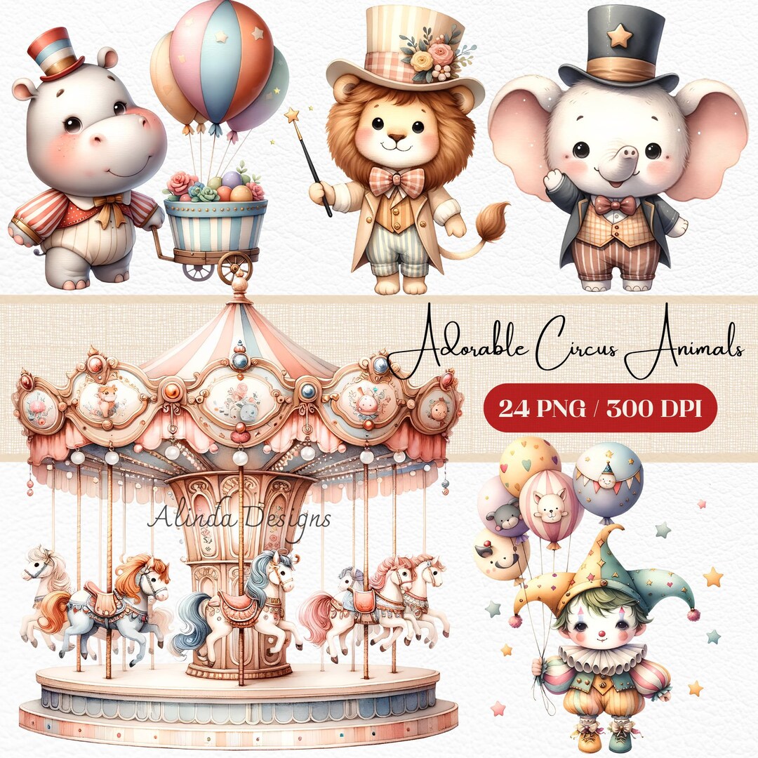 Adorable Circus Animals Clipart Set, Cute Circus Themed Digital ...