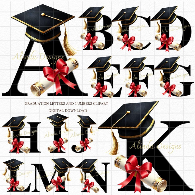 Graduation Alphabet PNG: Black Cap & Diploma Clipart Digital Download ...