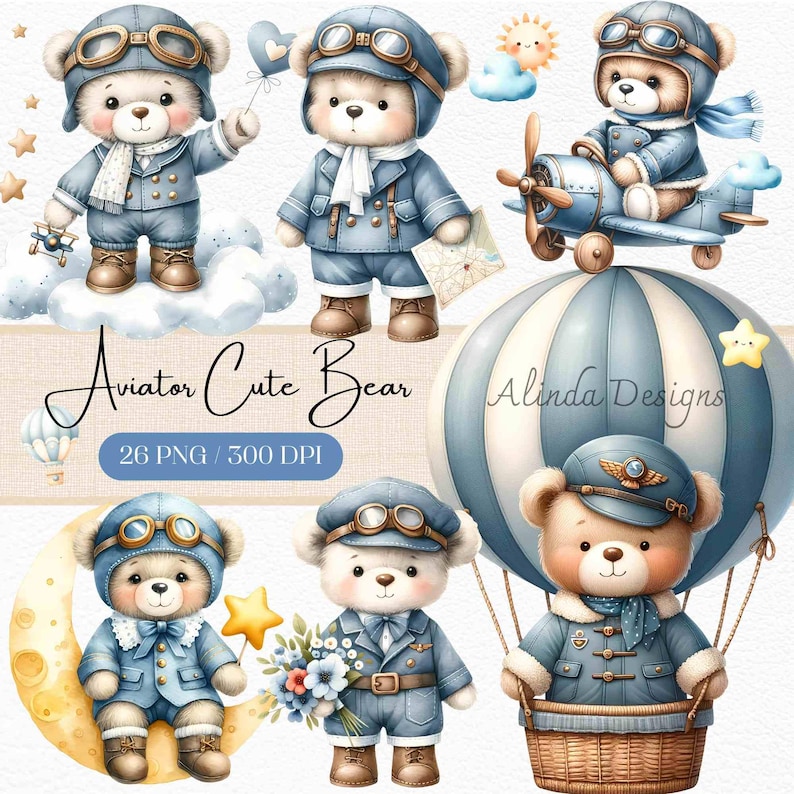 Aviator Bear Clipart, Cute Watercolor Bear Digital Download, Pilot ...