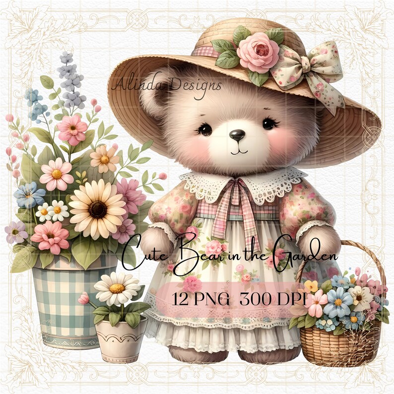 Watercolor Garden Bear Clipart: Nursery Animal Art (digital Download ...