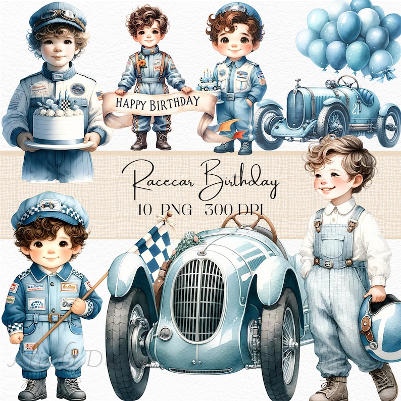 Vintage Racecar Clipart, Birthday Boy Digital Download, Retro Racing ...
