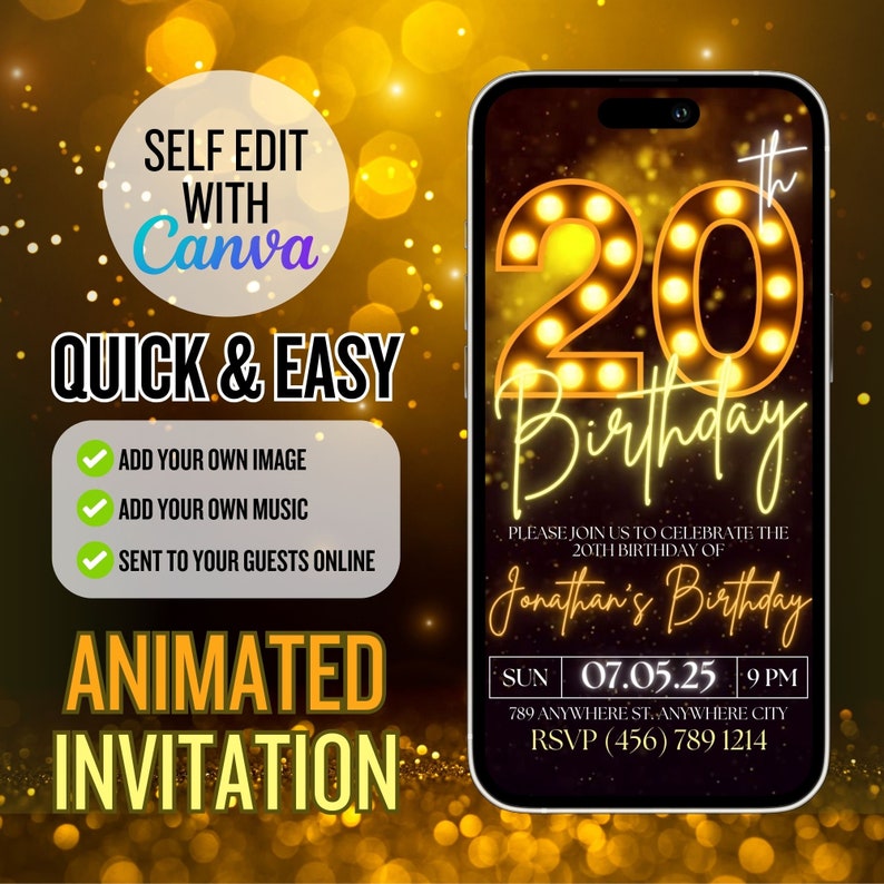 Animated 20th Birthday Invitation Template: Editable Phone Evite ...