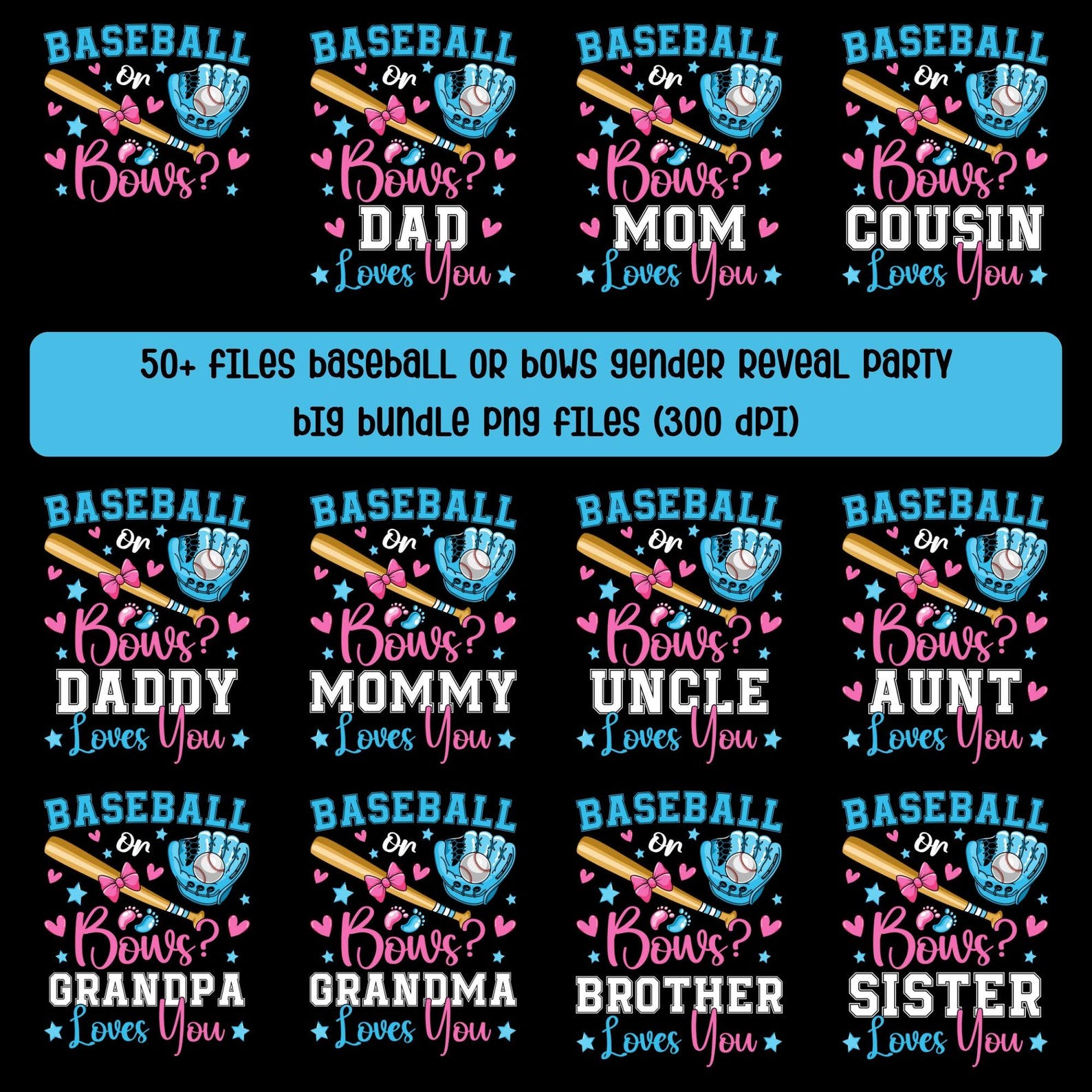 Baseball or Bows Gender Reveal PNG Clipart Bundle (50+ Files) - Family ...