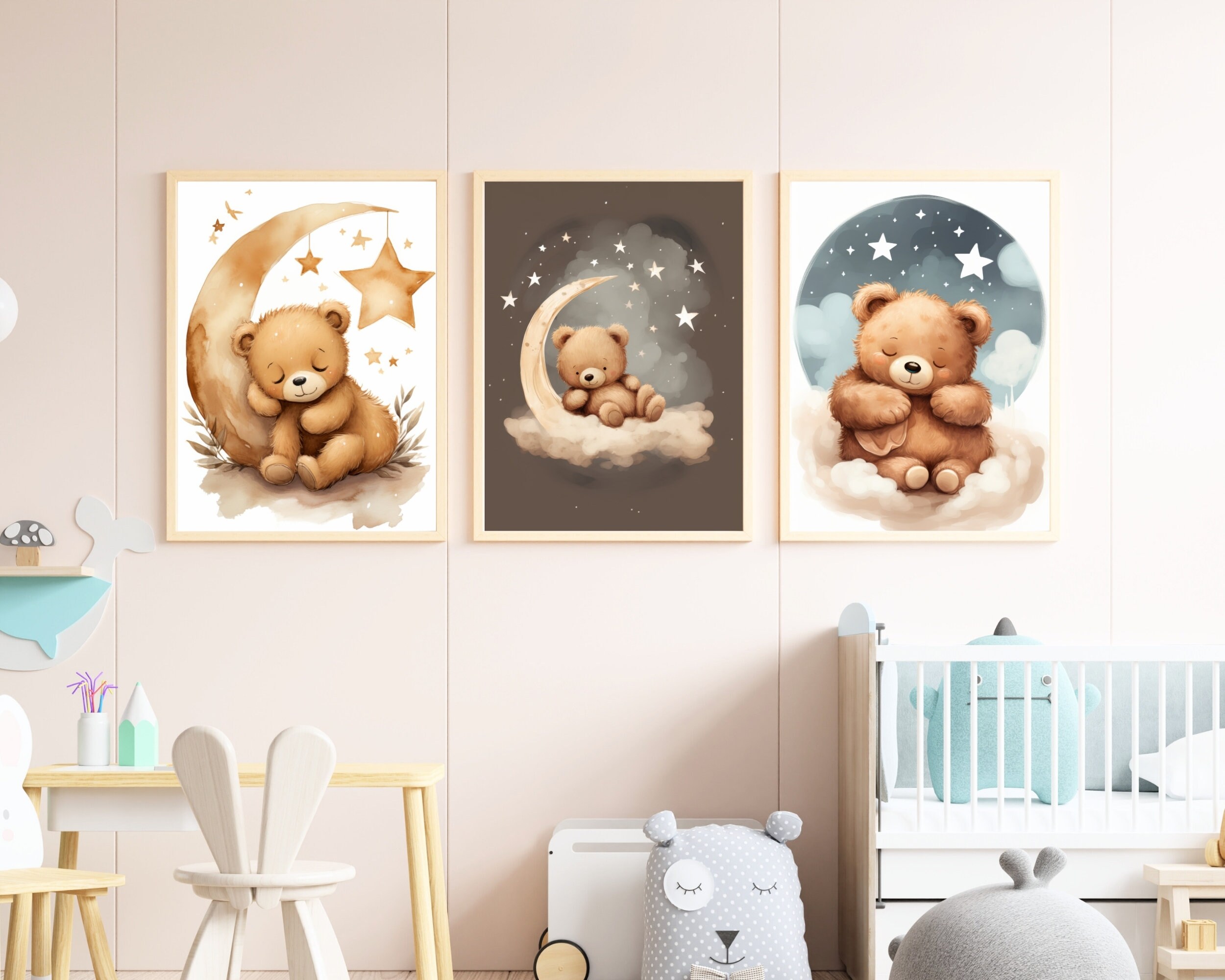 Set of 3 Boho Teddy Bear Wall Art, Nursery Wall Art, Baby Girl Print ...