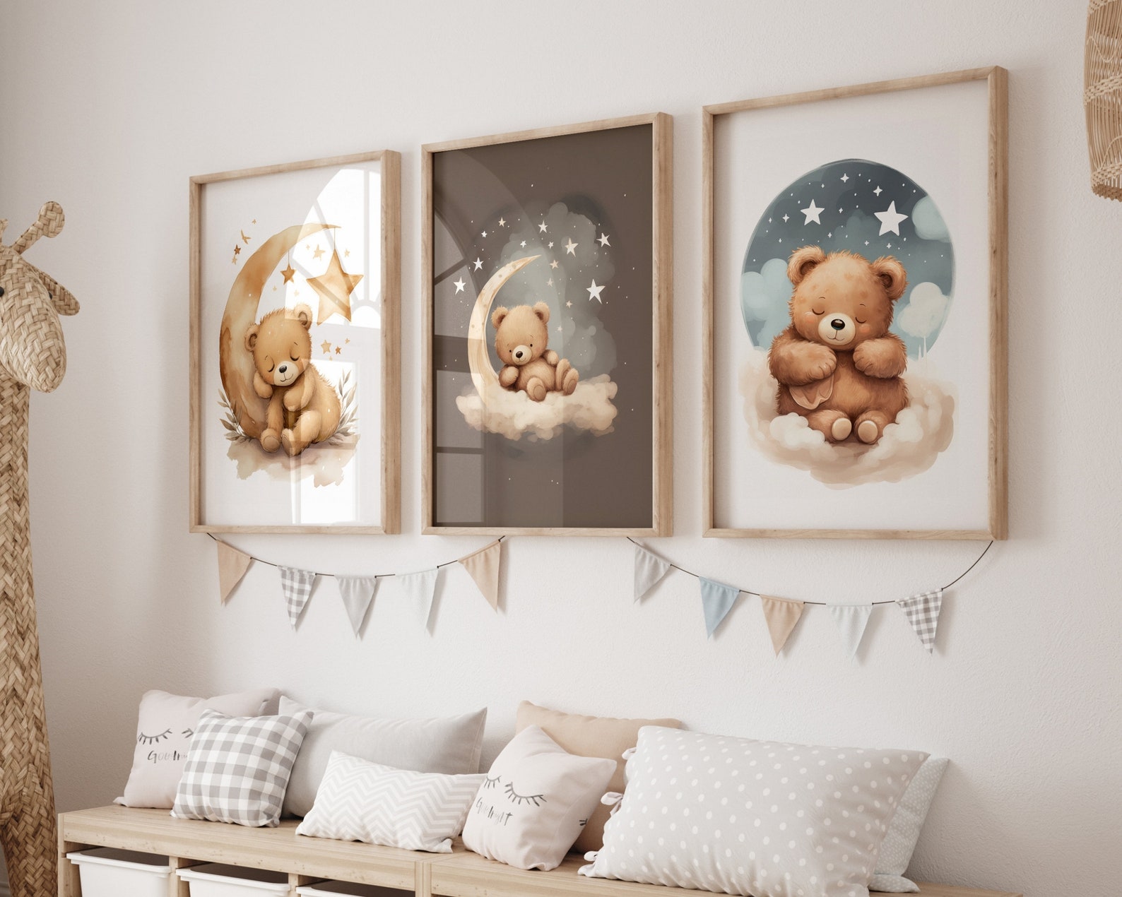 Set of 3 Boho Teddy Bear Wall Art, Nursery Wall Art, Baby Girl Print ...