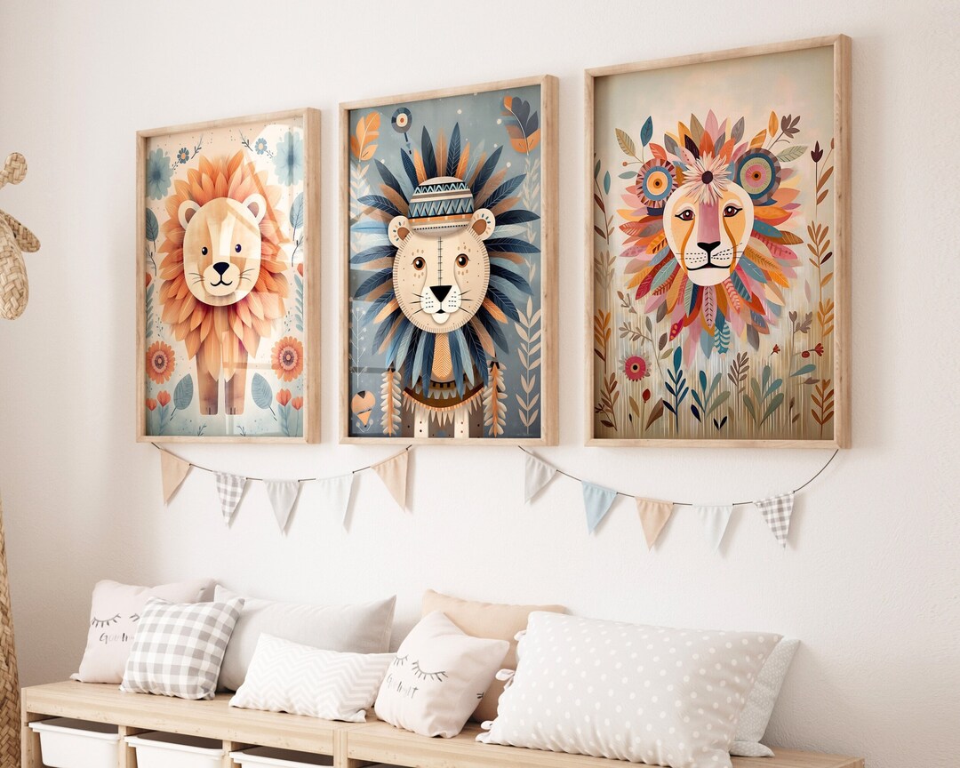 Set 3 Boho Lion Safari Nursery Wall Art, Nursery Prints, Kids Wall Art ...