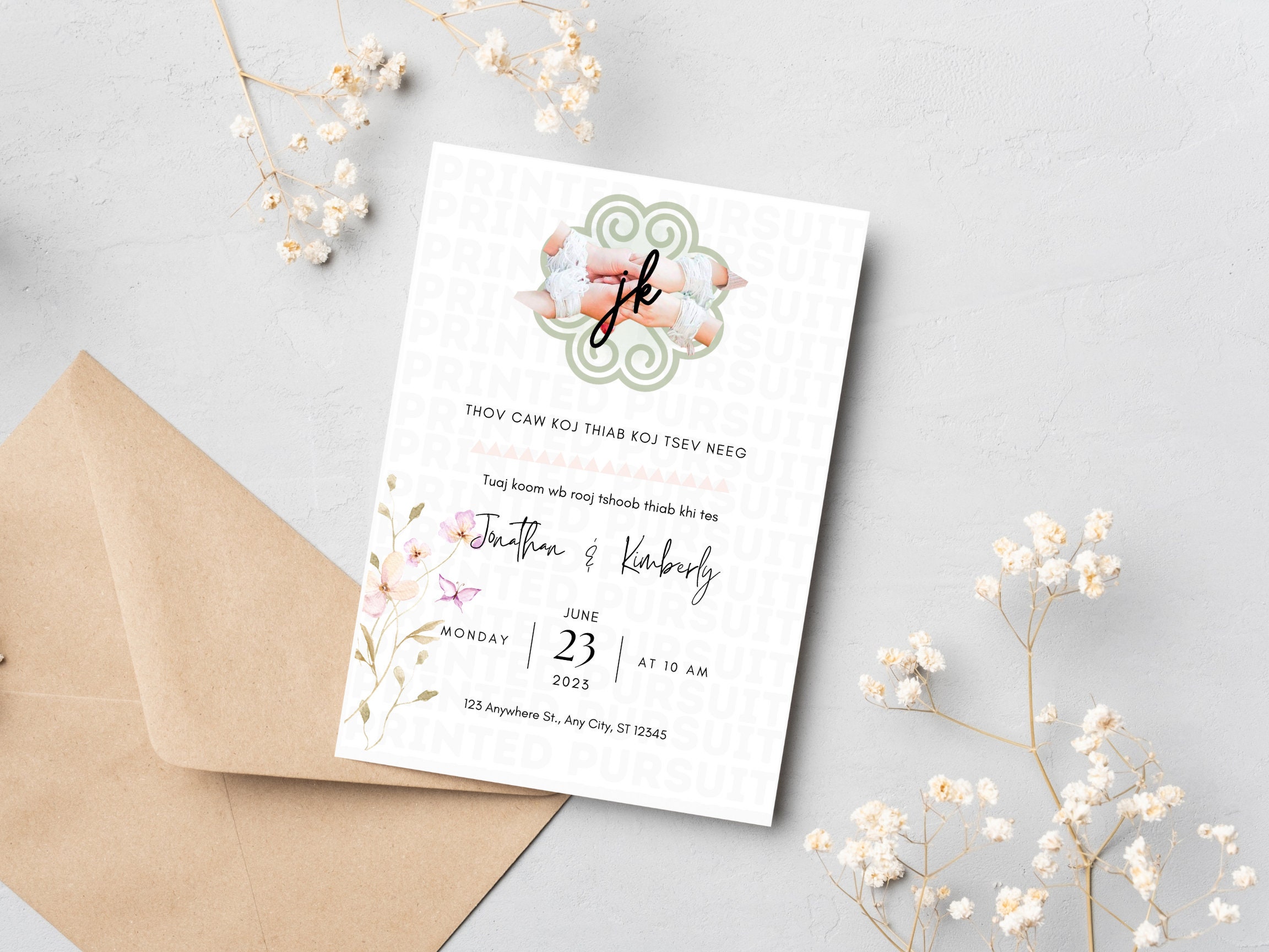 Hmong Pattern and Floral Wedding Invitation | Hu Plig Khi Tes Invite ...