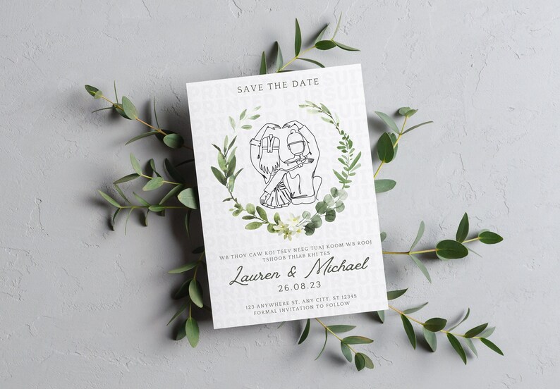 Hmong Couple Outline Green Floral Wedding Invitation| Hmoob Hu Plig Khi ...