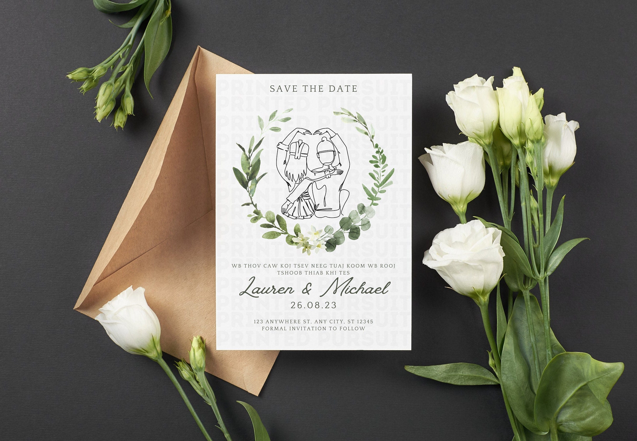 Hmong Couple Outline Green Floral Wedding Invitation| Hmoob Hu Plig Khi ...