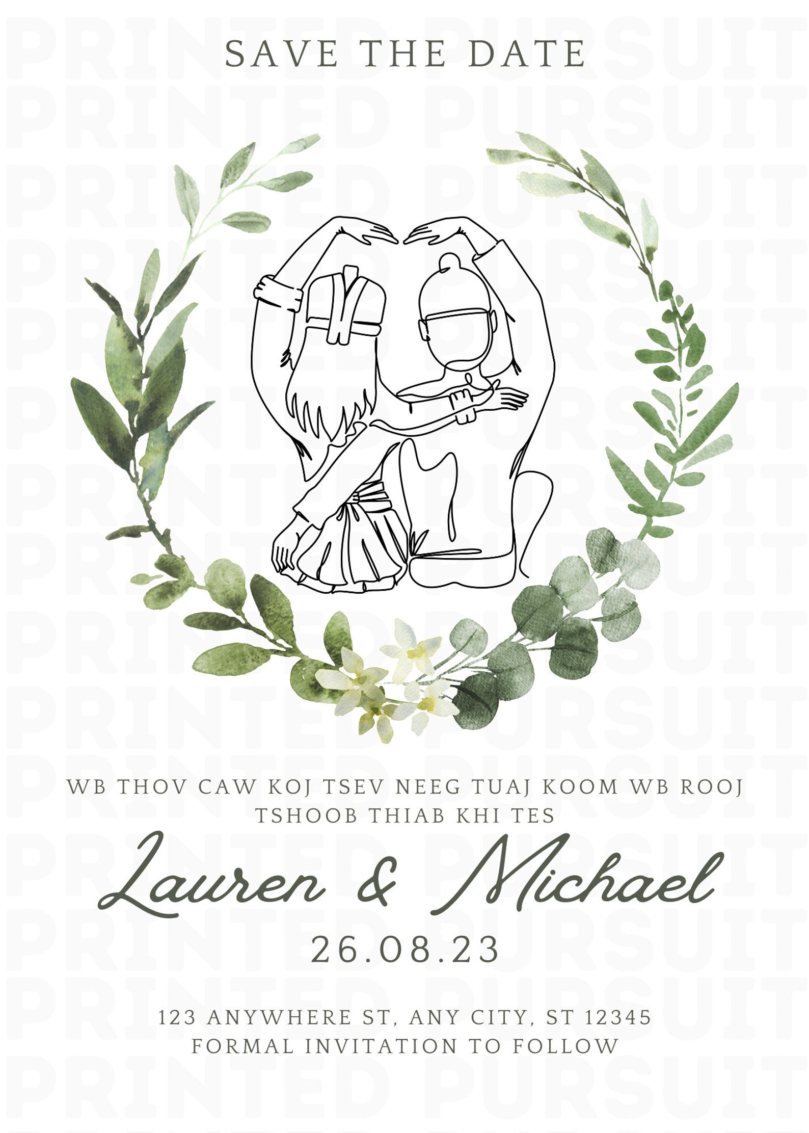 Hmong Couple Outline Green Floral Wedding Invitation| Hmoob Hu Plig Khi ...