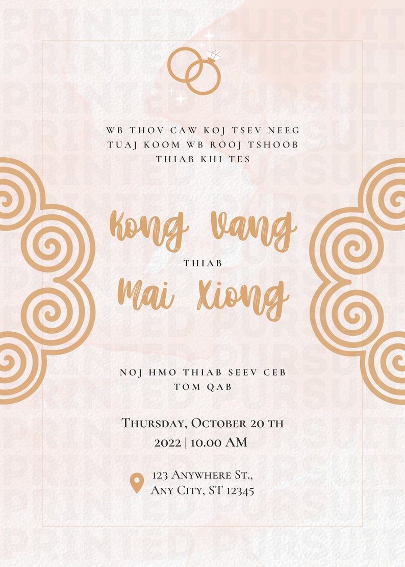 Hmong Pink Gold Elephant Pattern Wedding Invitation | Hu Plig Khi Tes ...