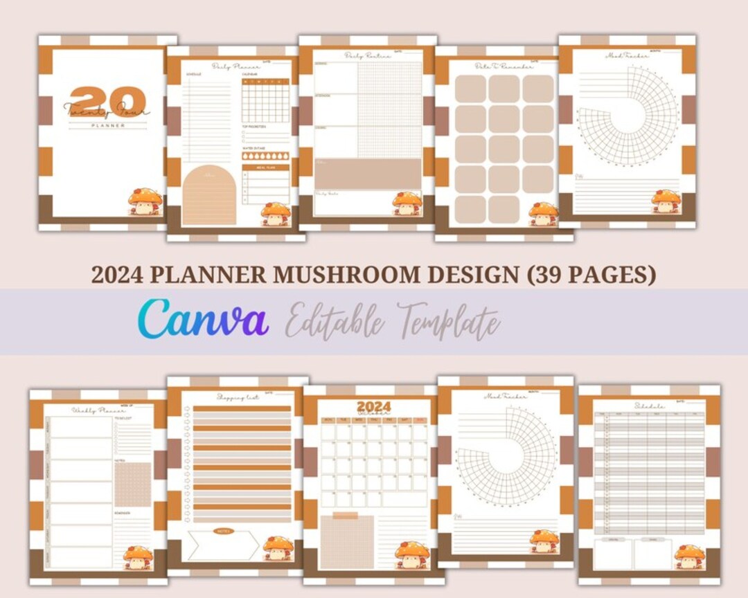 2024 Planner Mushroom Design, PLR Canva Template, Weekly Planner ...
