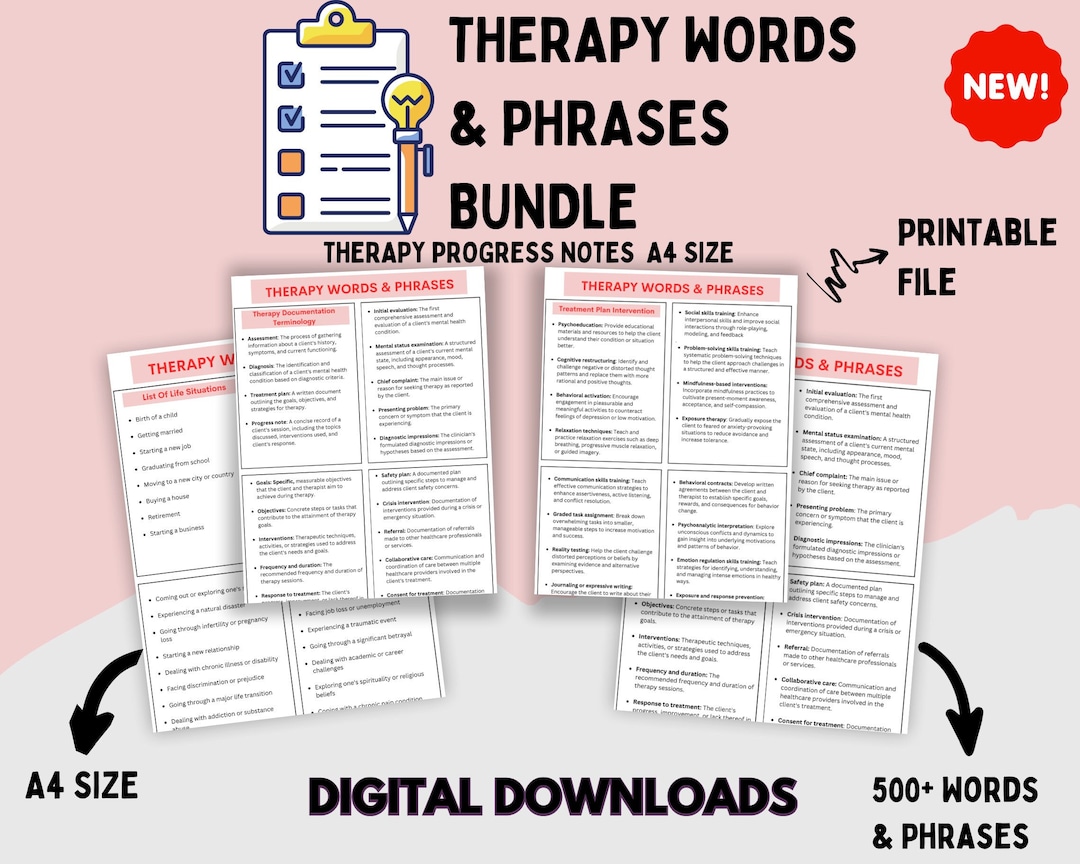 Therapy Words & Phrases Bundle, Therapy Worksheet, Therapy Notes ...