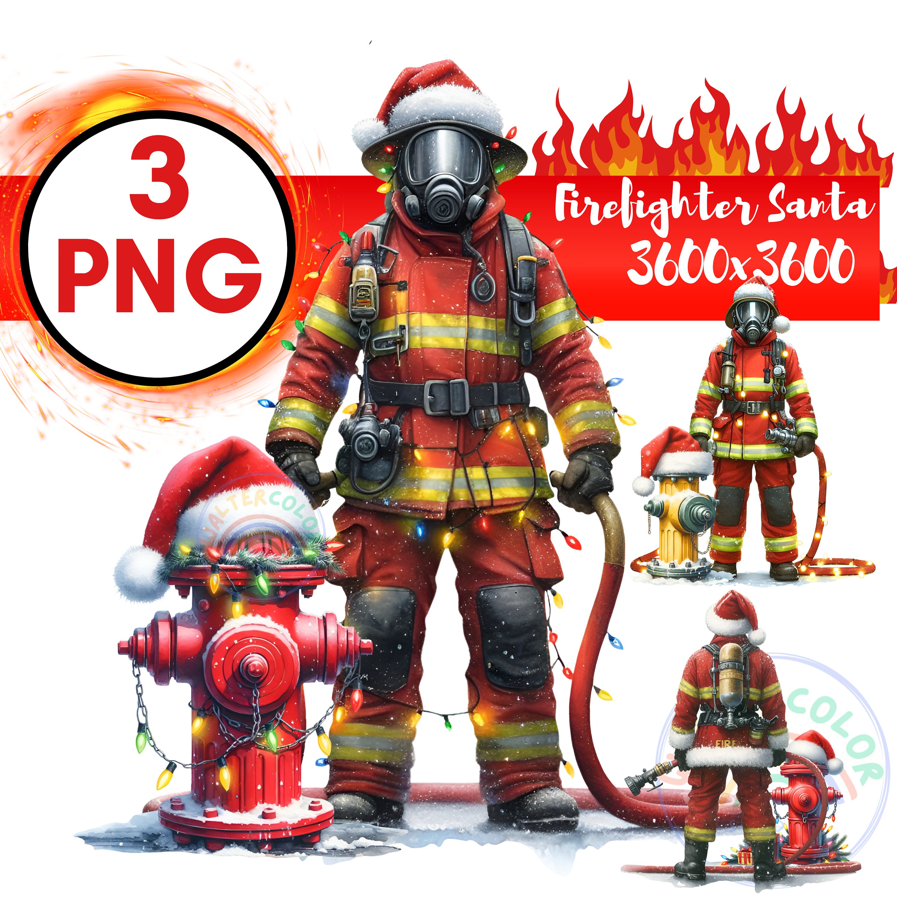 3 Christmas Fire Fighter | Watercolor Clipart | PNG | Fireman Christmas ...