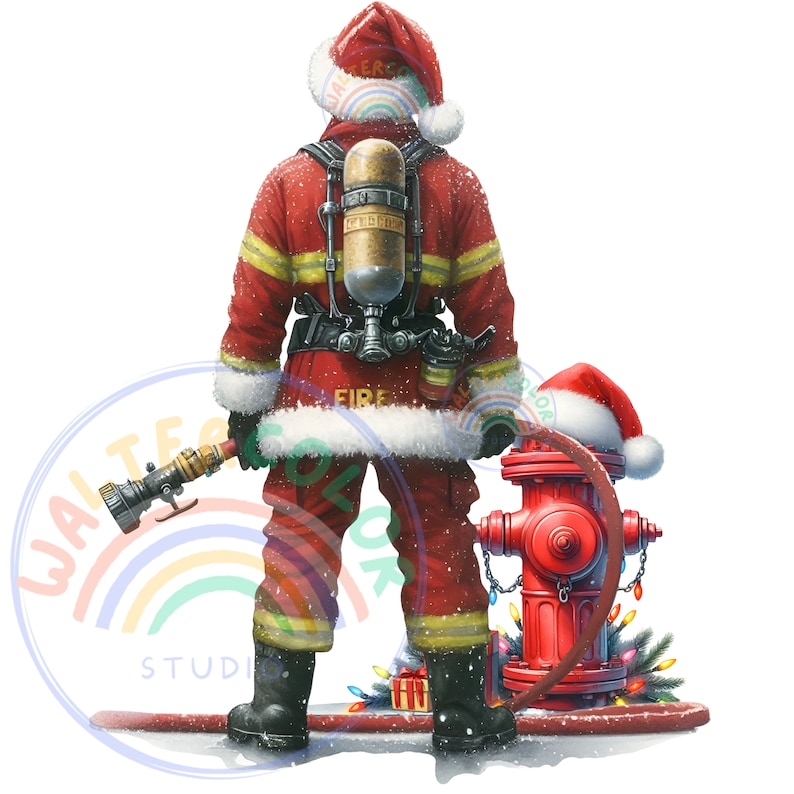 3 Christmas Fire Fighter | Watercolor Clipart | PNG | Fireman Christmas ...