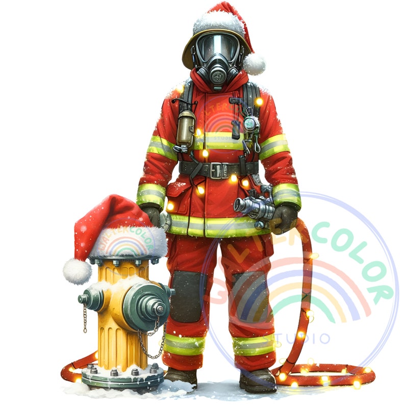 3 Christmas Fire Fighter | Watercolor Clipart | PNG | Fireman Christmas ...