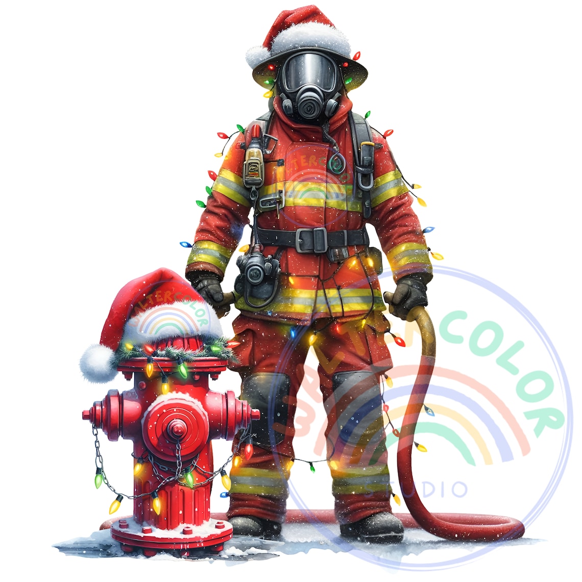 3 Christmas Fire Fighter | Watercolor Clipart | PNG | Fireman Christmas ...