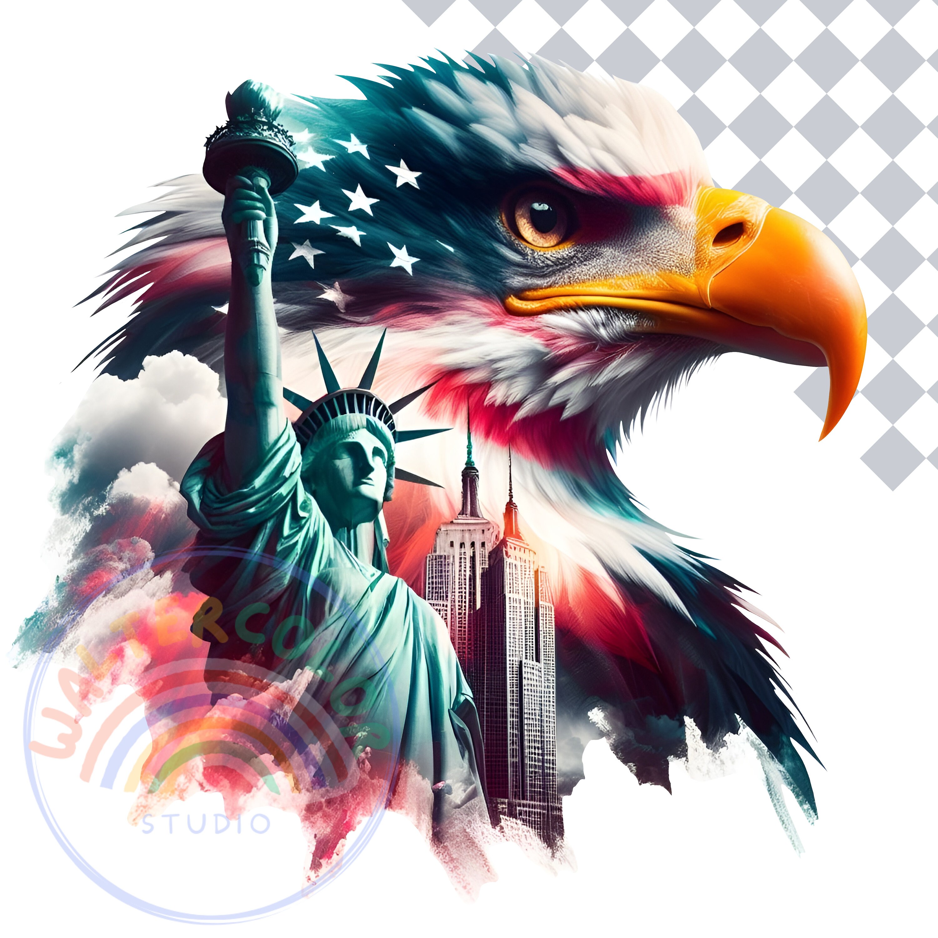 Watercolor Landmarks Clipart Statue of Liberty Bird Eagle USA Flag ...