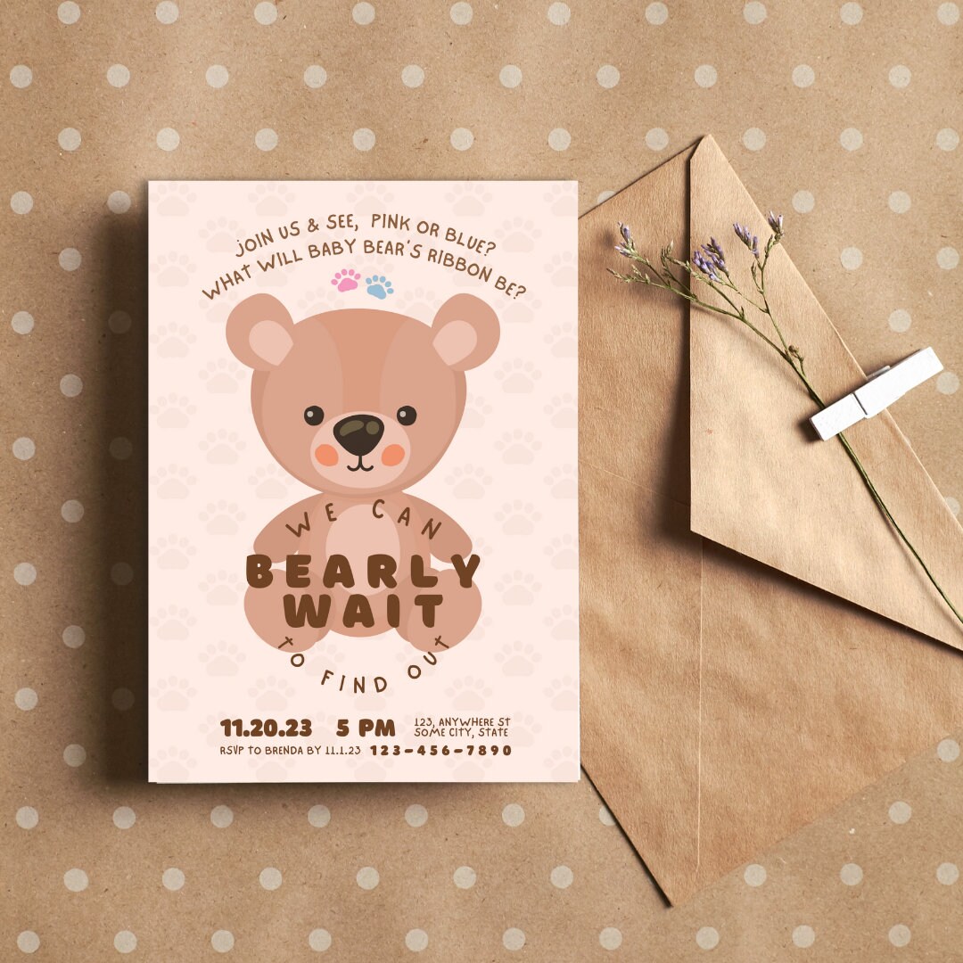 Neutral Bear Theme Gender Reveal Invitation | 'we Can Bearly Wait ...