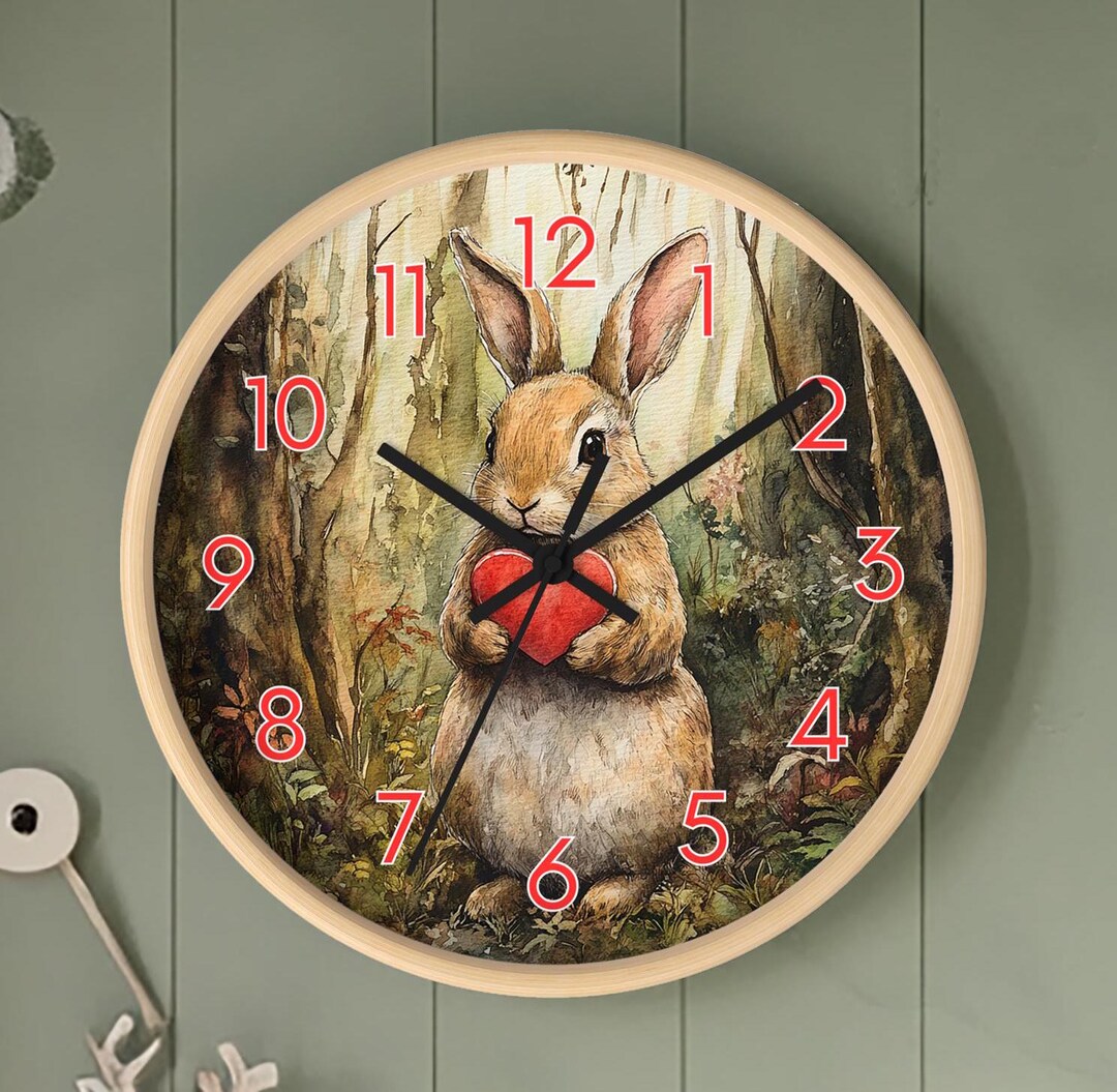 Watercolor Rabbit Nursery Wall Clock - Cute Woodland Bunny Clock ...