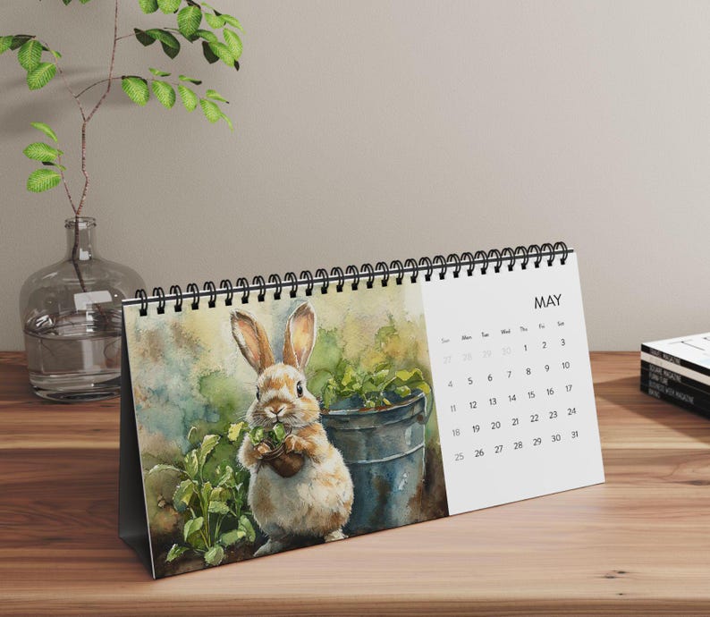 2025 Rabbit Desk Calendar - Watercolor Bunny Monthly Calendar ...
