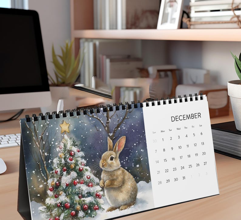 2025 Rabbit Desk Calendar - Watercolor Bunny Monthly Calendar ...