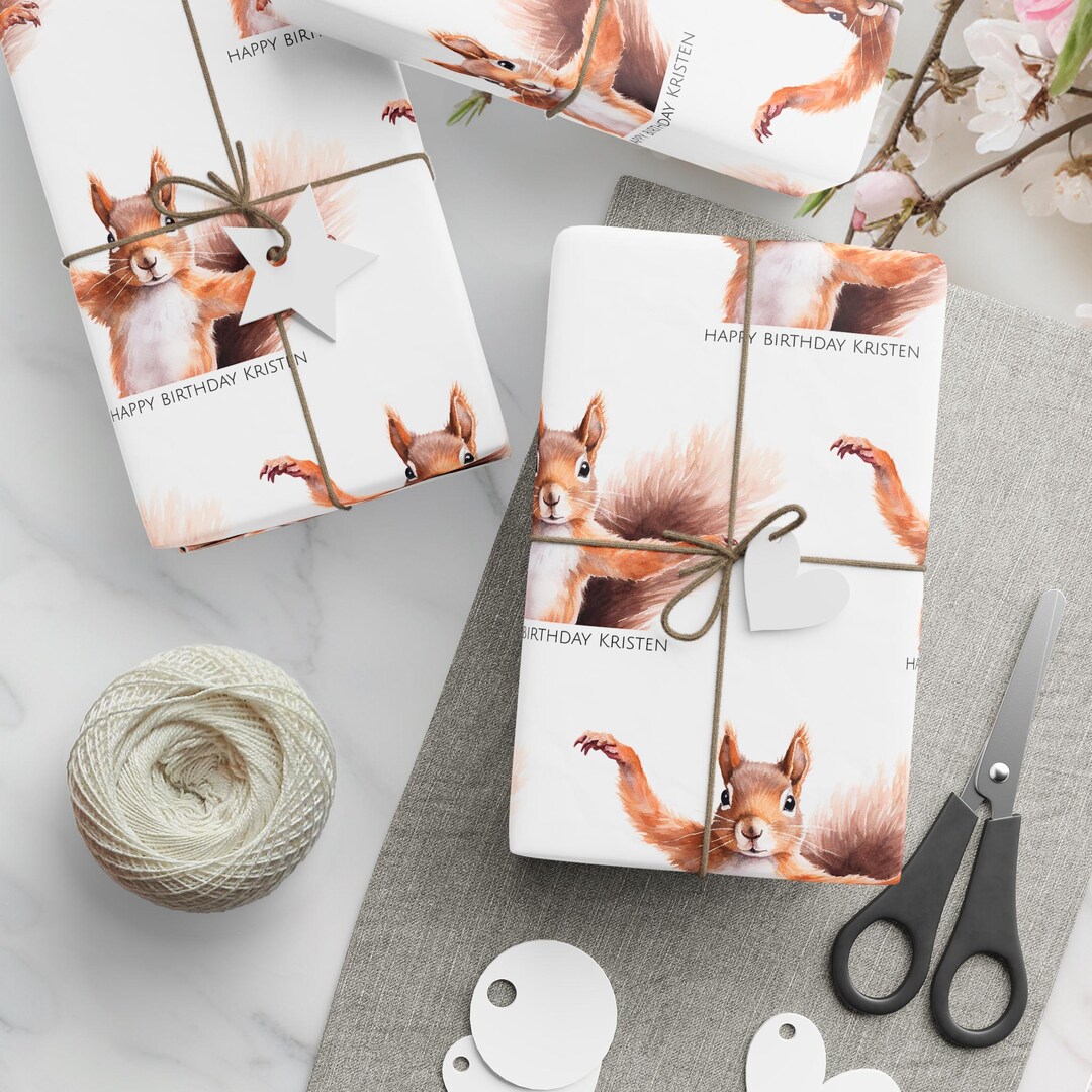 Personalized Happy Birthday Squirrel Wrapping Paper Cute Custom Red ...