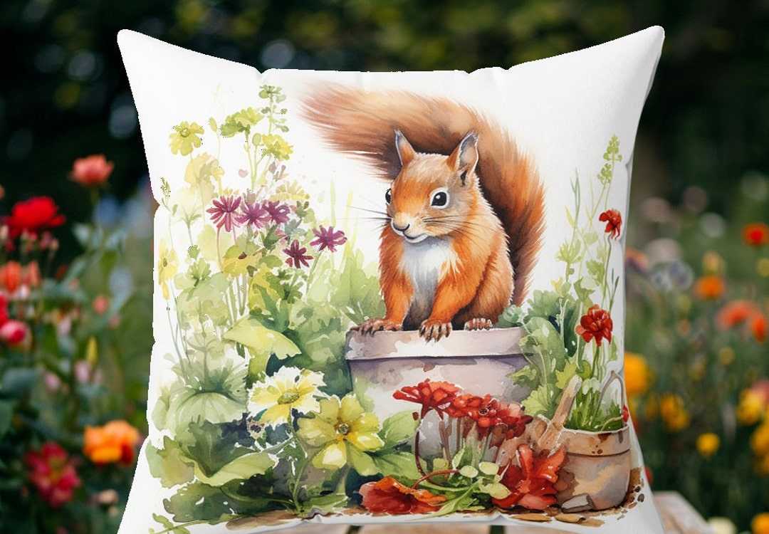 Garden Squirrel Cushion - Squirrel Gift for Gardener - Throw Pillow ...