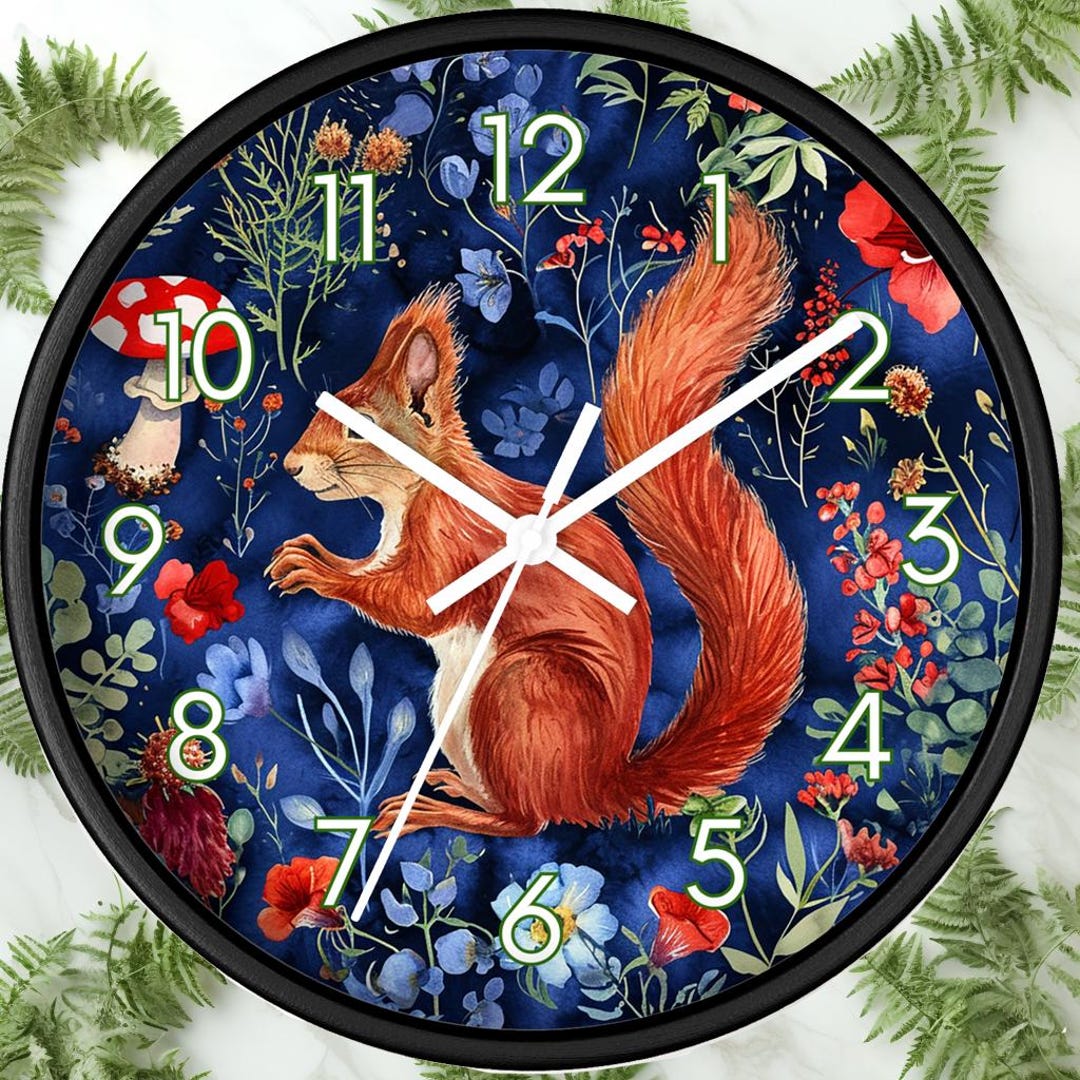 Cottagecore Squirrel Wall Clock - Watercolor Red Squirrel in Forest Clock - Unique Squirrel and ...