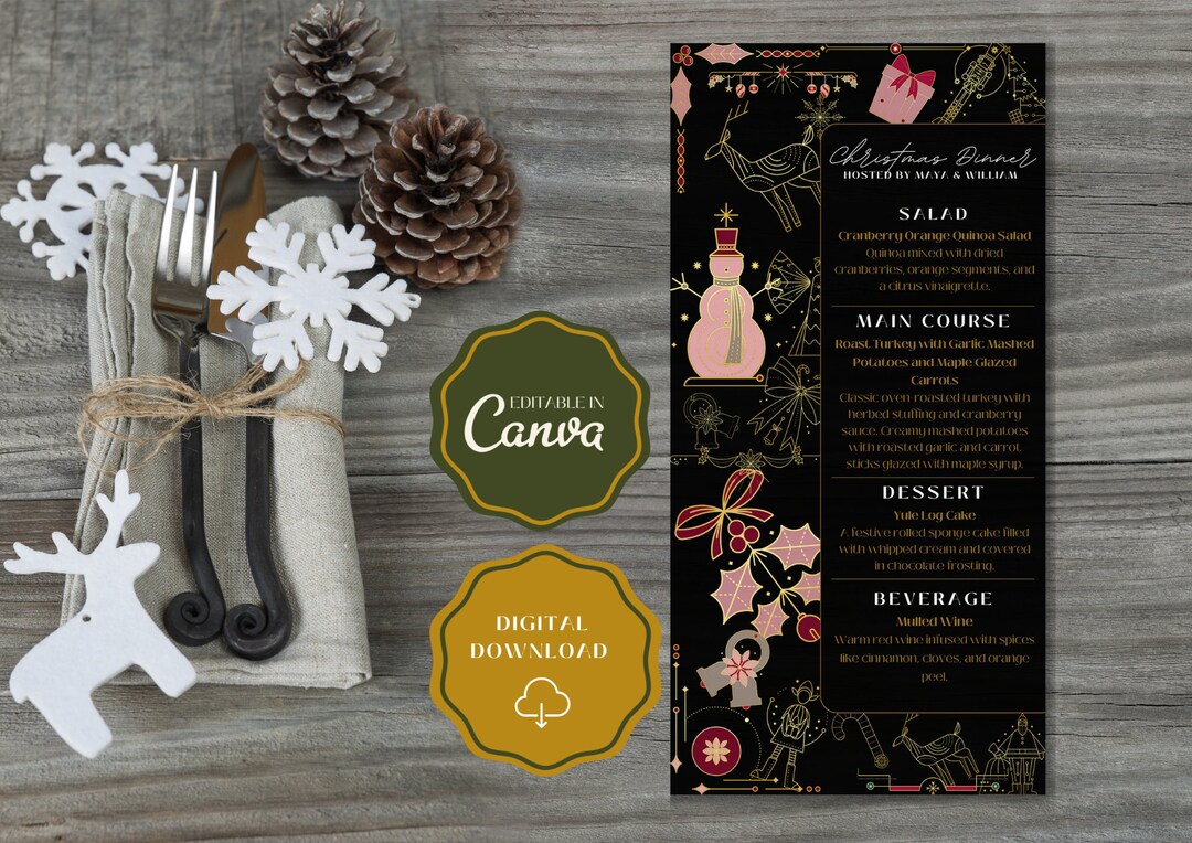 Editable Modern Christmas Menu Template, Holiday Dinner Party Menu ...