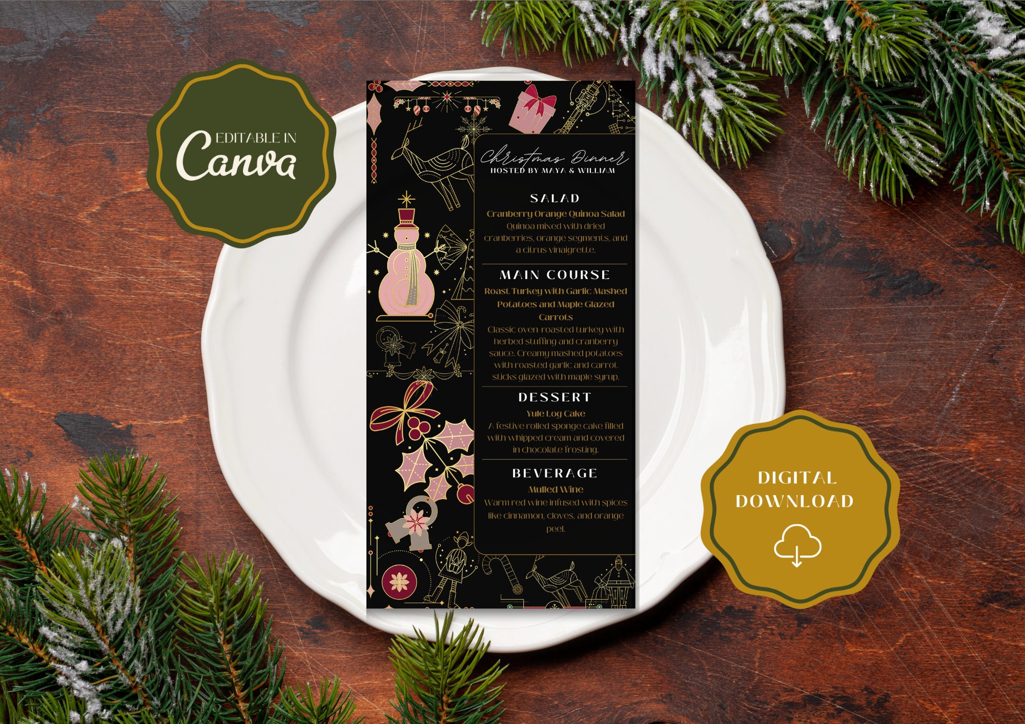 Editable Modern Christmas Menu Template, Holiday Dinner Party Menu ...