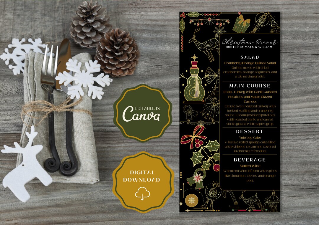 Editable Modern Christmas Menu Template, Holiday Dinner Party Menu ...