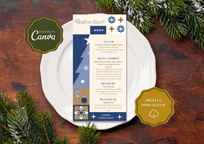 Editable Geometric Christmas Menu Template, Holiday Dinner Party Menu ...