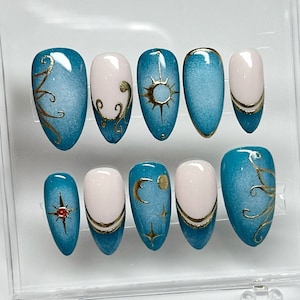 Starry Night Press on Nails Elegant Celestial Nail Art Blue Galaxy ...