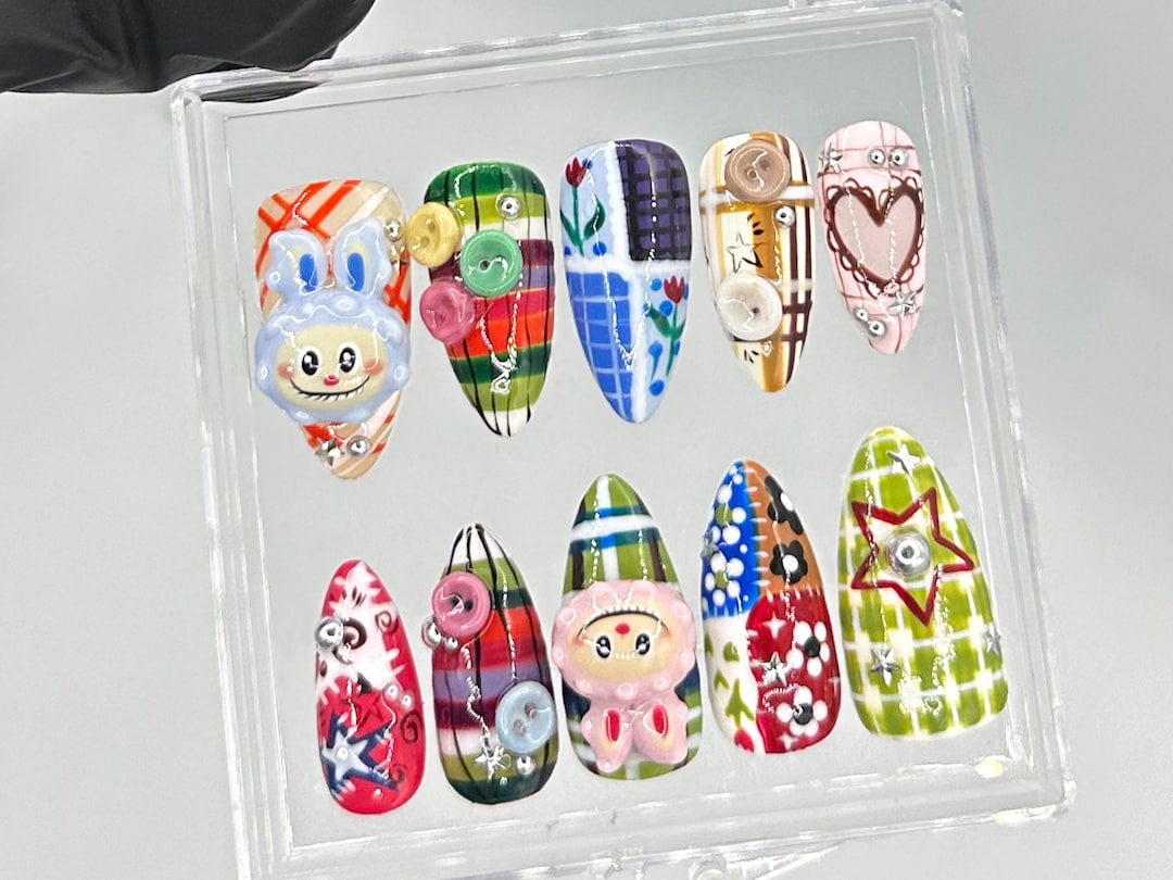 Labubu Patchwork 3D Short Press on Nails | Unique Kawaii Fake Nails ...