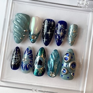 Acubi-style Press on Nails | Deep Blue Ombre | 3D Freestyle Handpainted ...