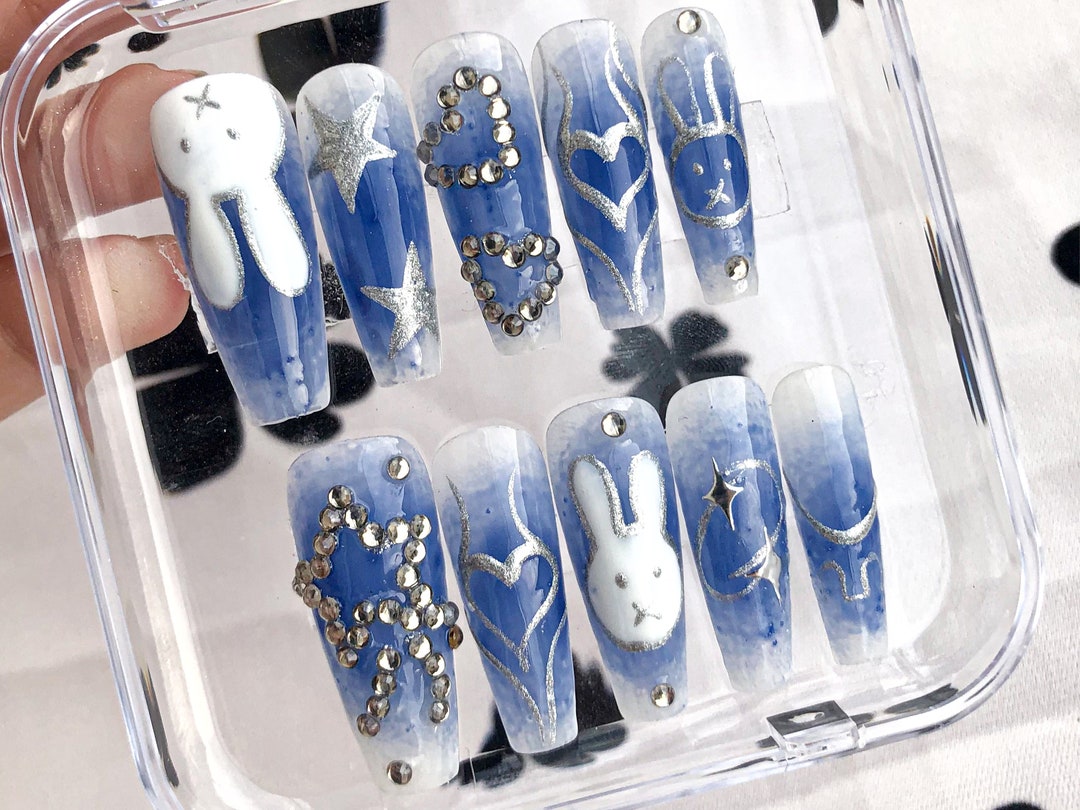 Adorable Bunny Press on Nails Captivate With Unique Ombre Blue With ...
