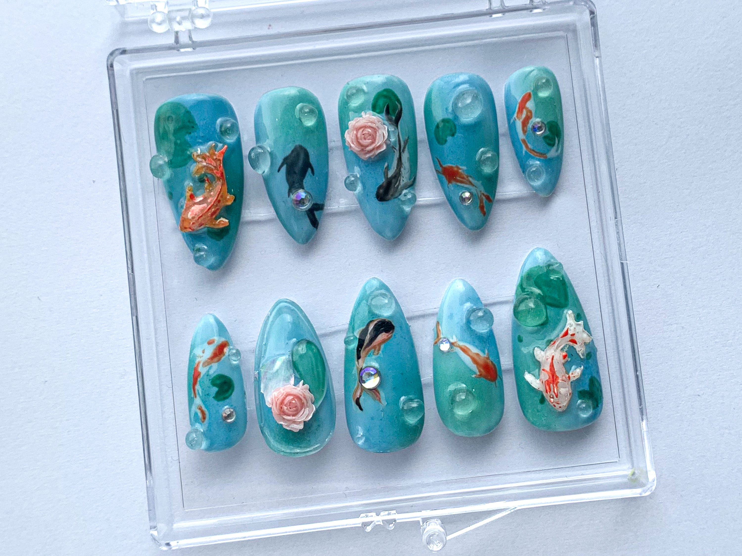 Ocean-inspired Press on Nails | Hand Painted Koi Fish Nail Art | Blue ...