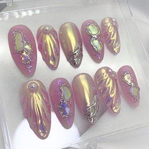 Pink Shell Press on Nails With Unique 3D Gel and Elegant Gemstones ...