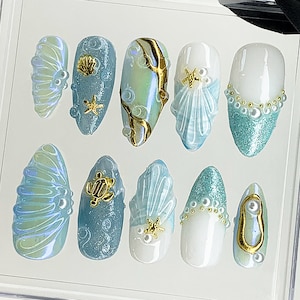 Mermaid Ocean Almond Nails | Blue Ocean-inspired Designs Nail Art ...