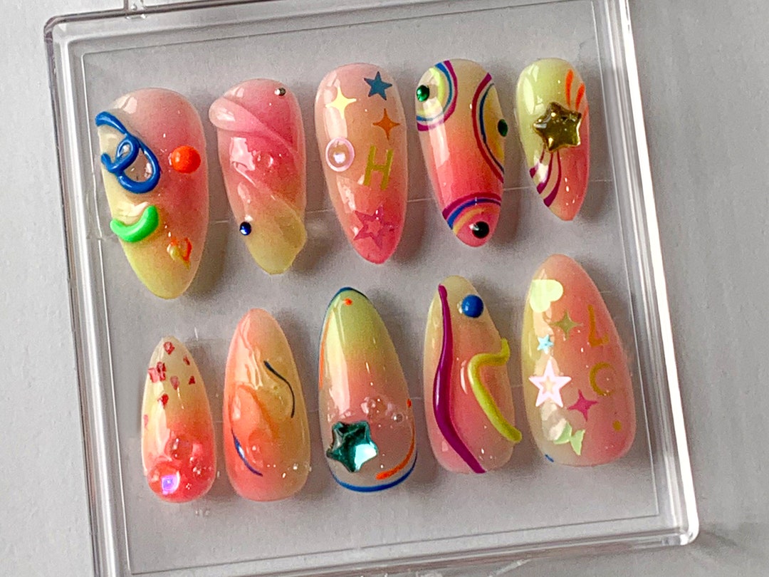 Customizable Word Press on Nails Bold and Colorful Nail Art Unique 3D ...