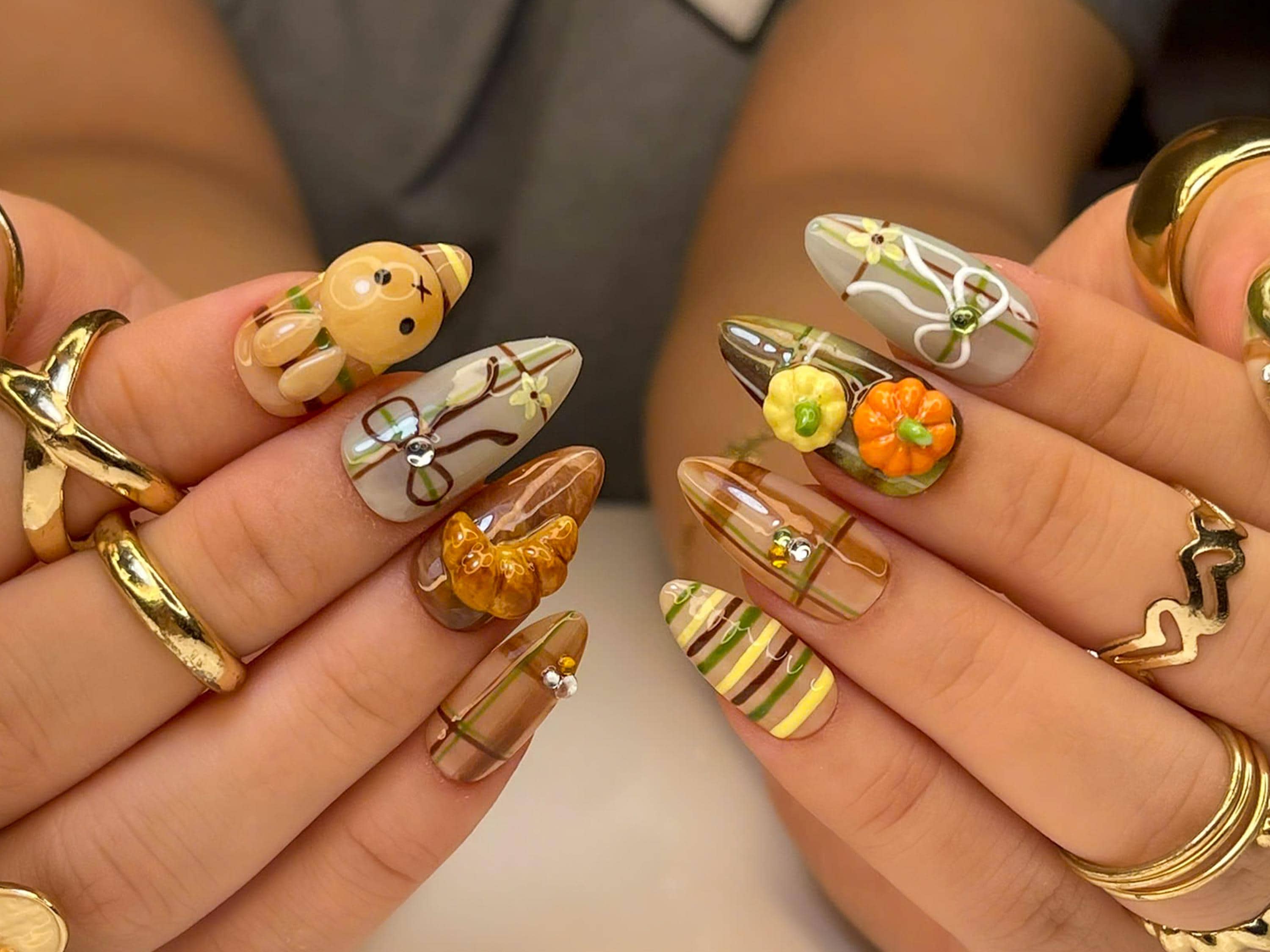Autumn Harvest Bunny Press on Nails | Fall Pumpkin and Plaid Nail Art ...