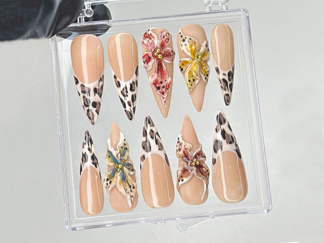 Wild Leopard Print Press on Nails | Leopard French Tip Nails With 3D ...