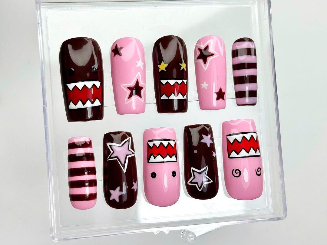 Kawaii Pink Monster Press on Nails | Domo Character Nail Art | Pink ...